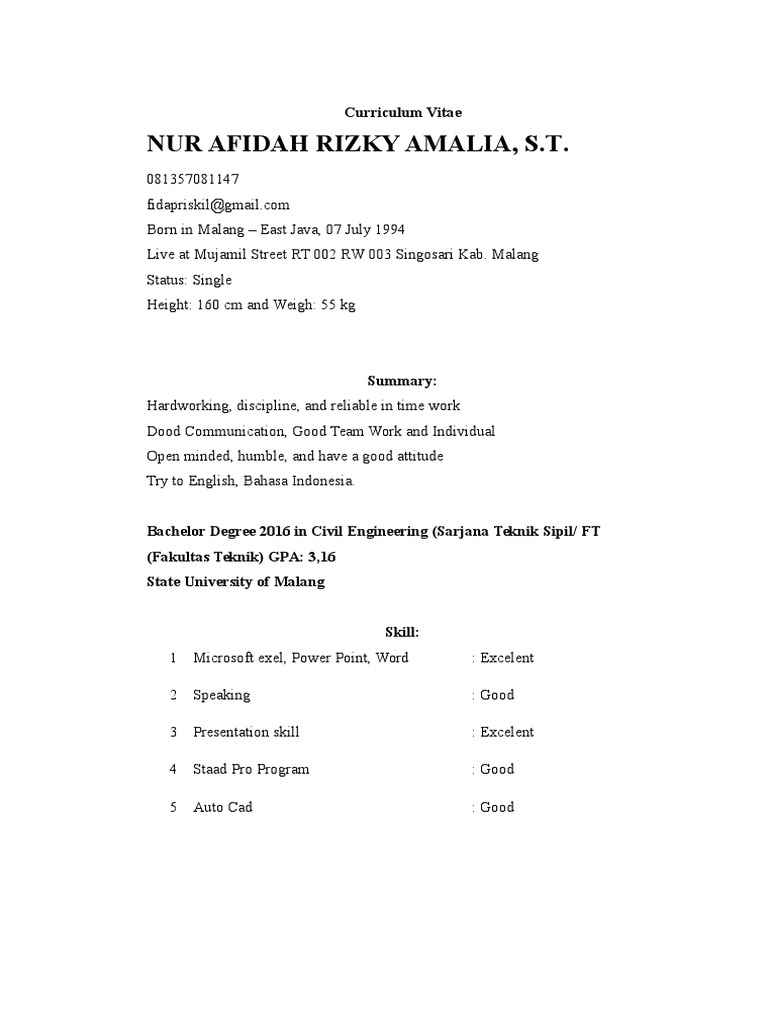 Nur Afidah Rizky Amalia, S.T.: Curriculum Vitae | PDF