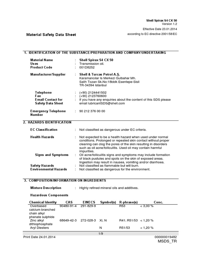 Msds en Shell Spirax s4 CX 50 | PDF | Personal Protective Equipment ...
