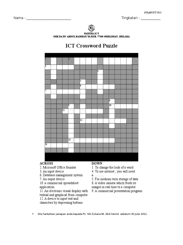 ICT Crossword Puzzle for Students | PDF | Art | Computers