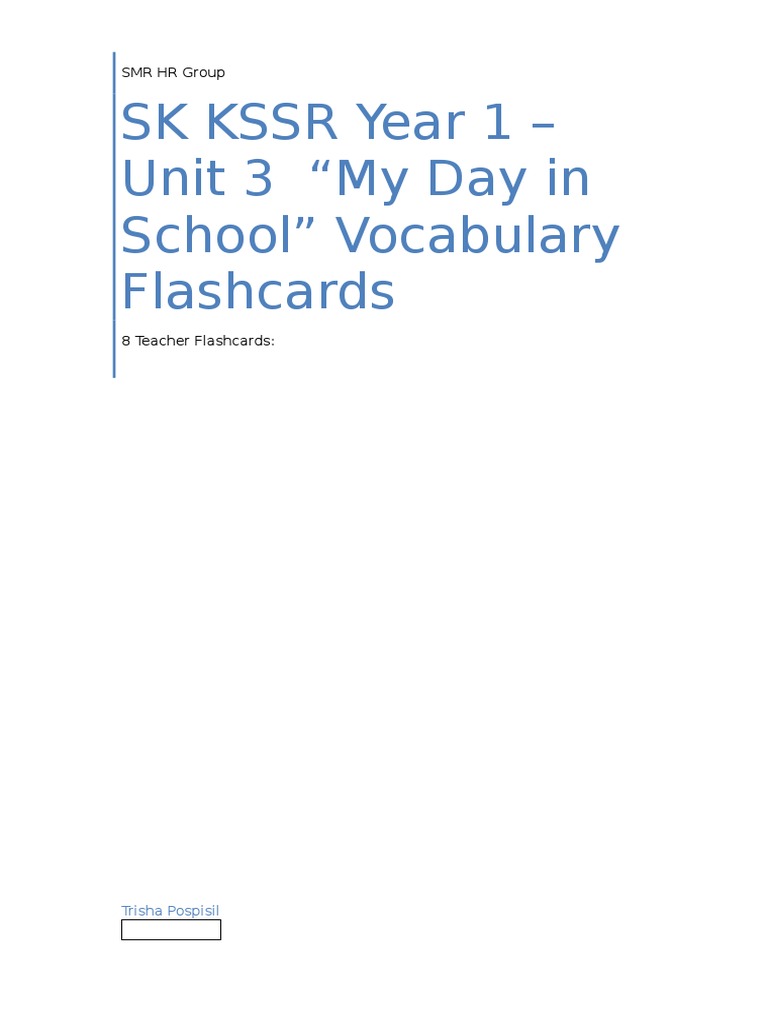 Vocabulary Flashcards for Year 1 Students on "My Day in School | PDF