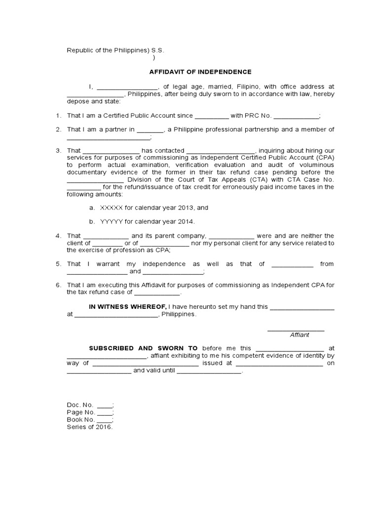 Affidavit of Independence Sample