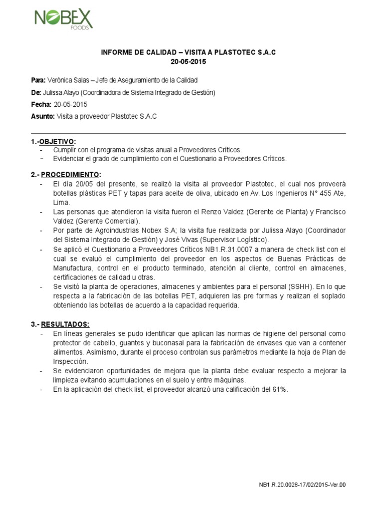 Ejemplo de Informe de Calidad | PDF | Calidad (comercial) | Science