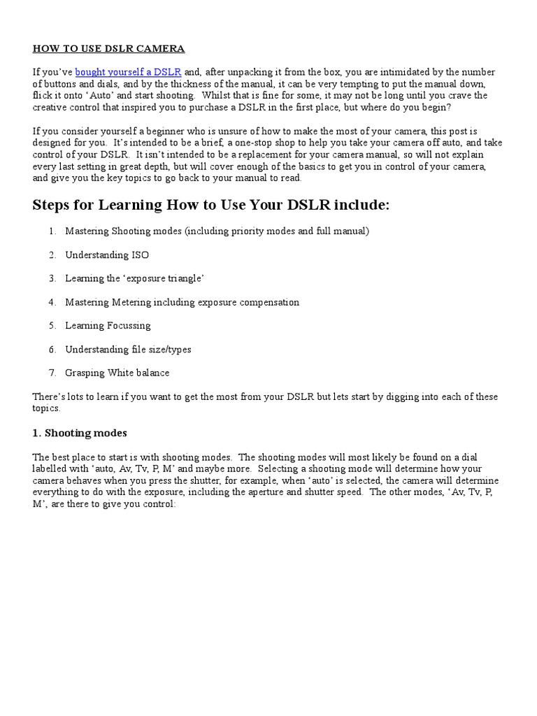 How To Use DSLR Camera | Download Free PDF | Aperture | Exposure ...