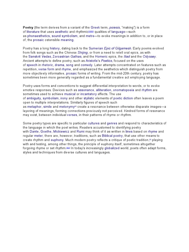 Poiesis: Poetry (The Term Derives From A Variant of The | PDF