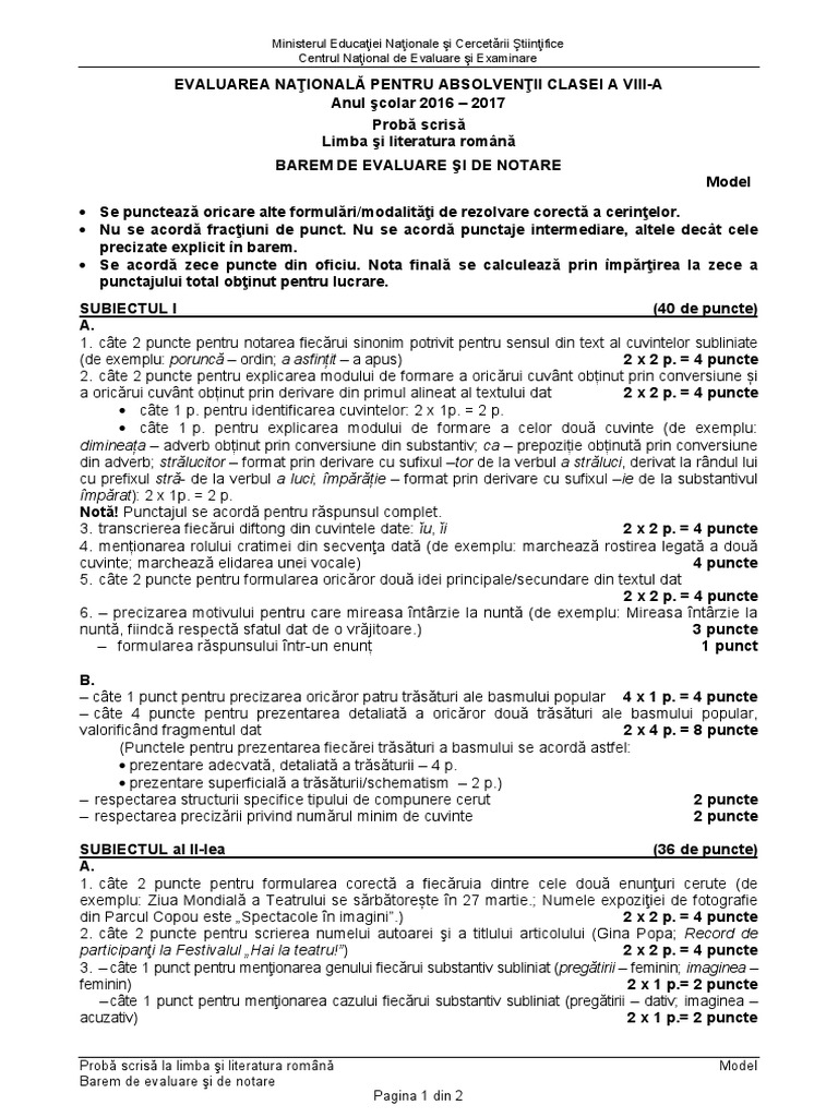 Evaluarea Nationala La Limba Romana Barem Model 2017 | PDF
