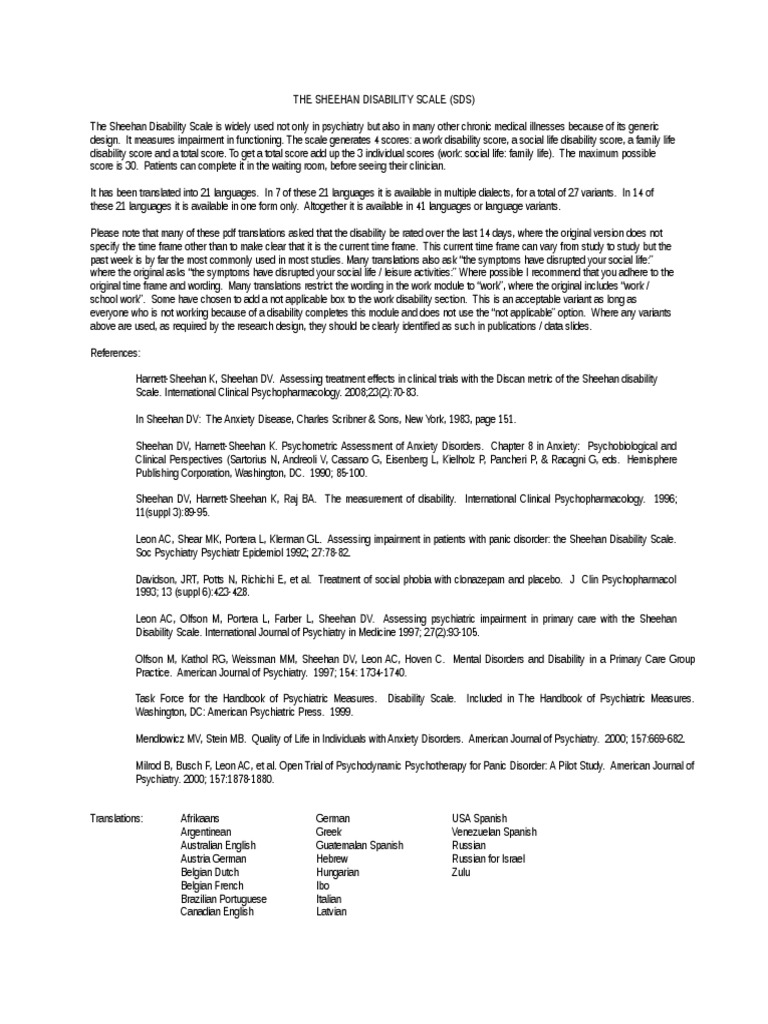 Sds Disability Scale Information | PDF | Psychiatry | Social Anxiety ...