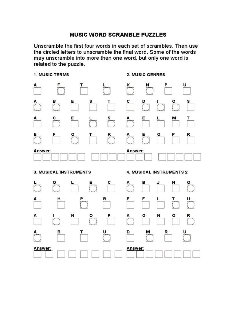 Music Word Scramble Puzzles | PDF