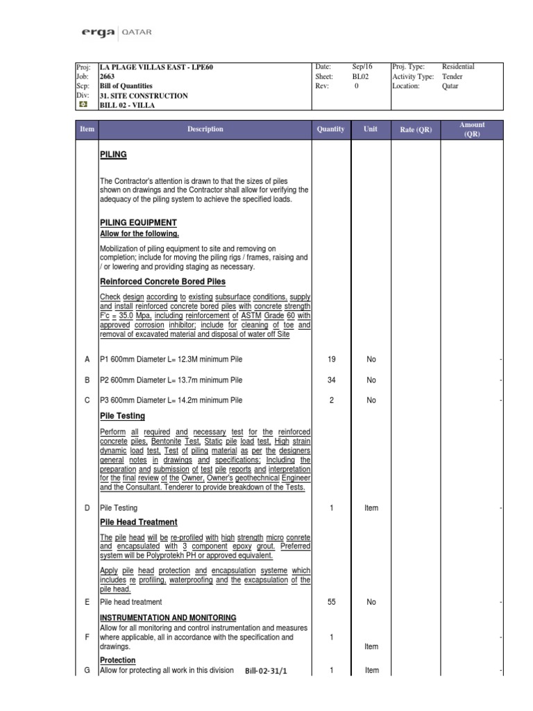 Piling B.O.Q | Deep Foundation | Reinforced Concrete