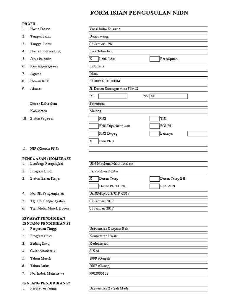 Form Isian Pengusulan NIDN NIDK NUP YOSSI | PDF | Kesehatan Holistik