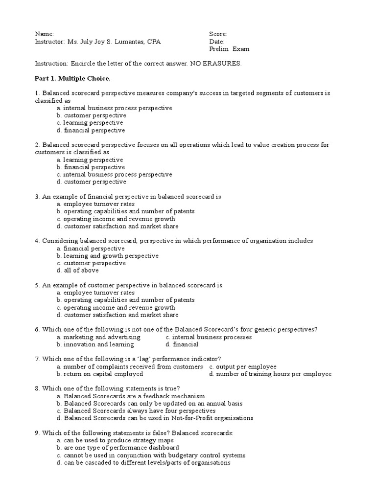 Balanced Scorecard Exam Questions and Answers | PDF | Revenue ...