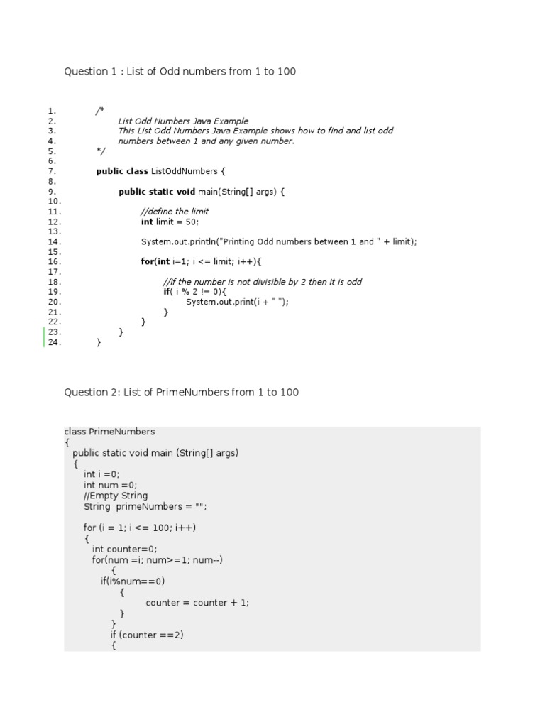 Question 1: List of Odd Numbers From 1 To 100 | PDF | Discrete Mathematics | Computer Programming