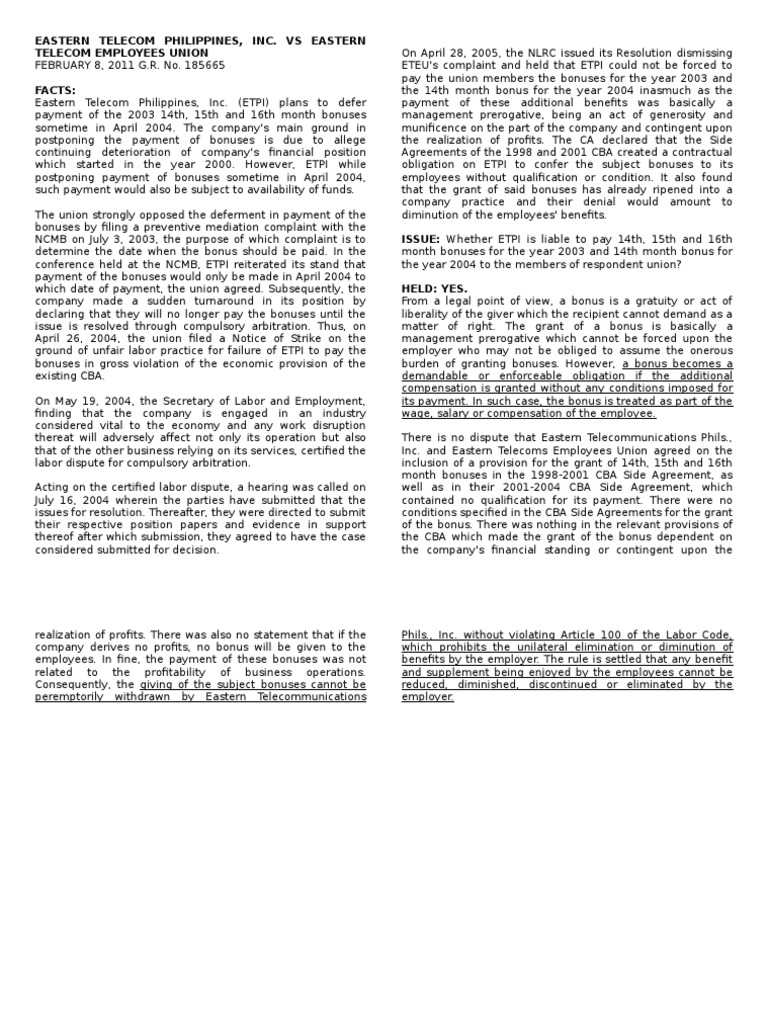 Eastern Telco vs. Eastern Union | PDF | Employment | Labour Economics