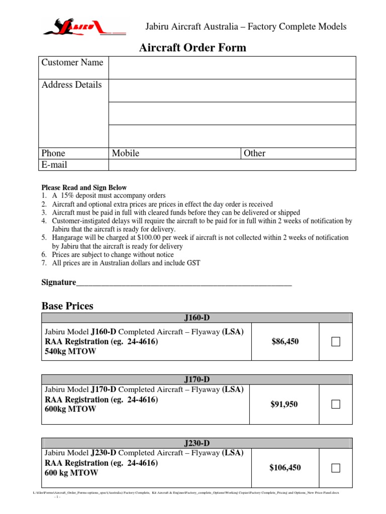 Aircraft Order Form: Jabiru Aircraft Australia - Factory Complete ...