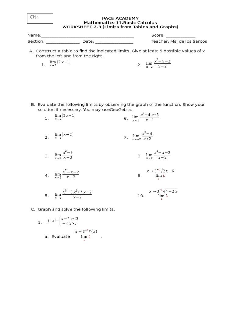 Math 11 BasCal WS2.3 | PDF | Teaching Mathematics | Mathematical Analysis