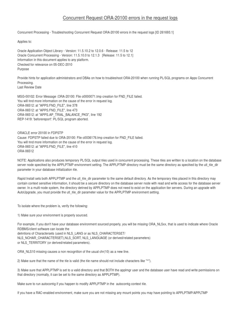 Concurrent Request ORA-20100 Errors in The Request Logs | PDF | Oracle Database | Data