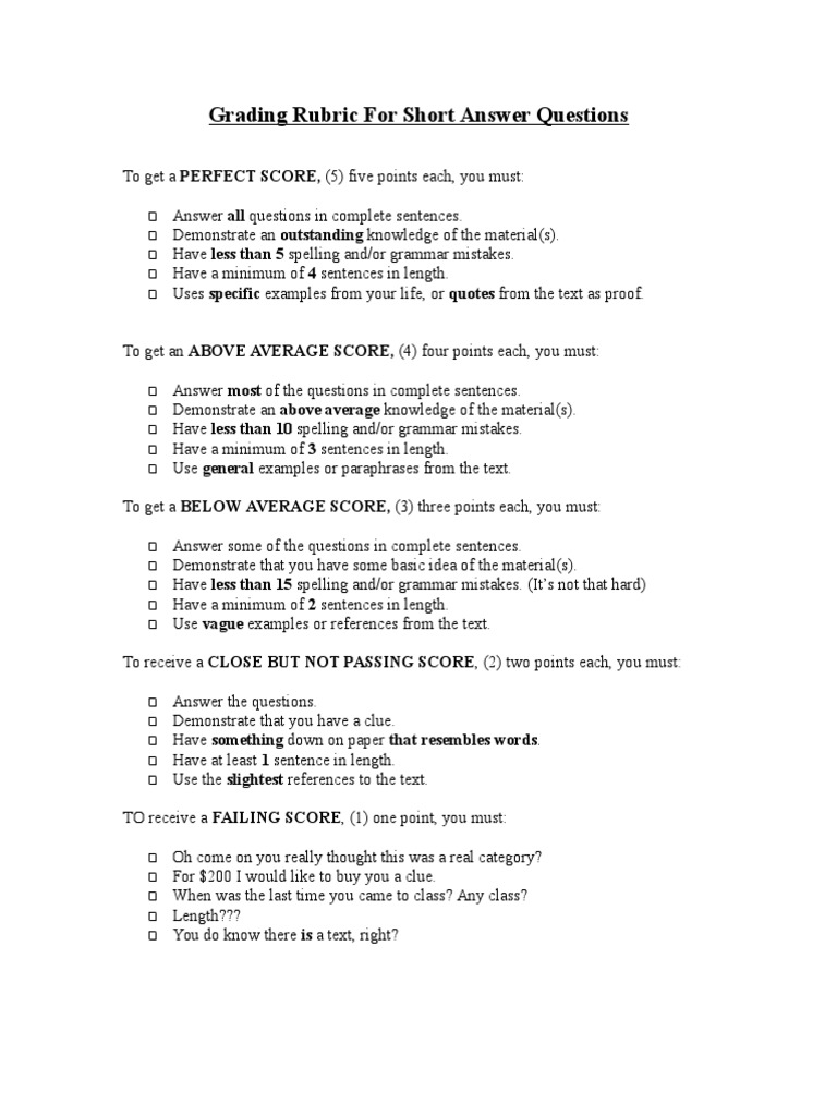 Grading Rubric For Short Answer Questions | PDF | Language Arts ...