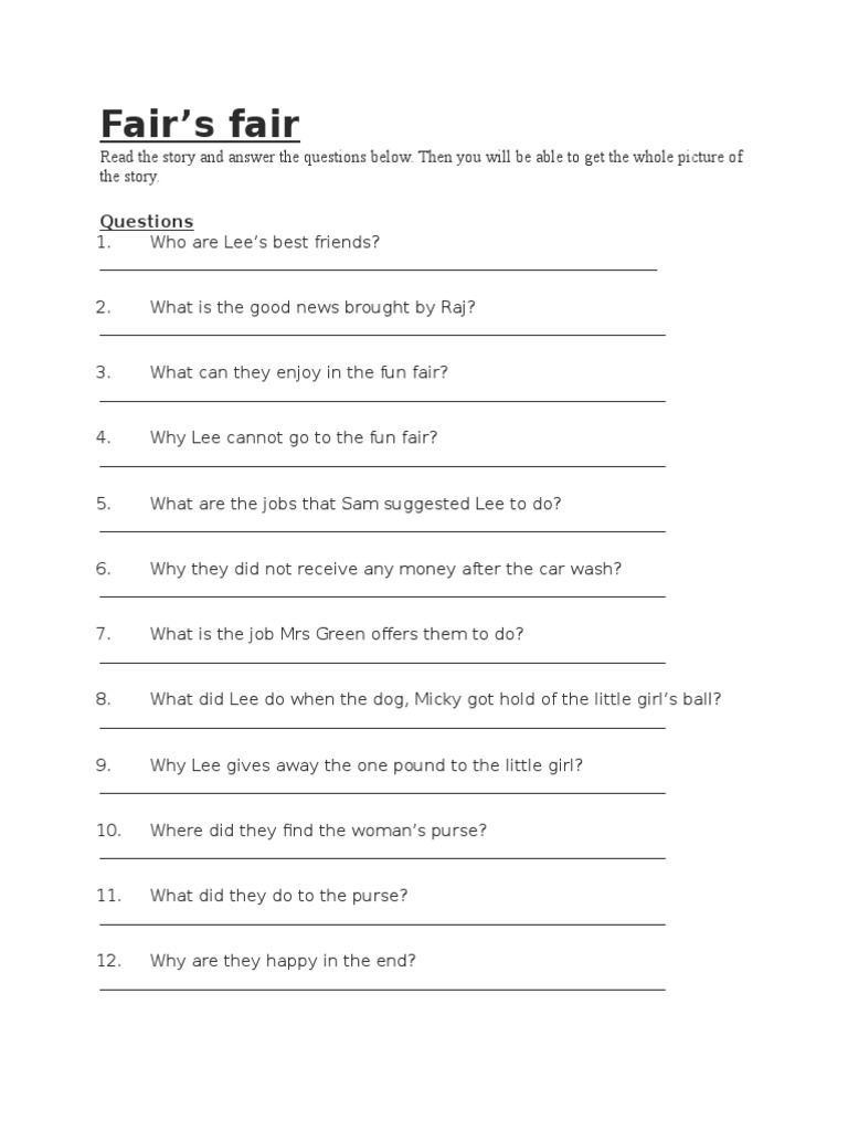 Fair's Fair: Story Questions and Themes | PDF | Self-Improvement