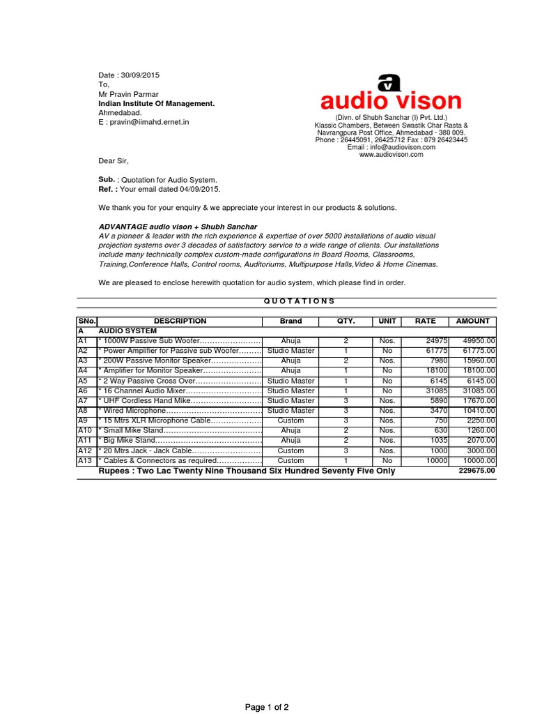 Audio System Quotation for IIMA | PDF | Audio Electronics | Electrical ...