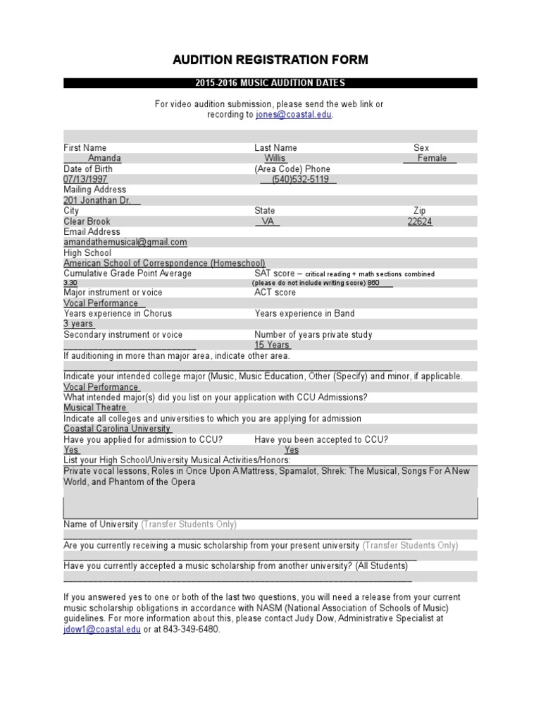 Audition Registration Form: Jones@coastal - Edu | PDF | Audition | Sat