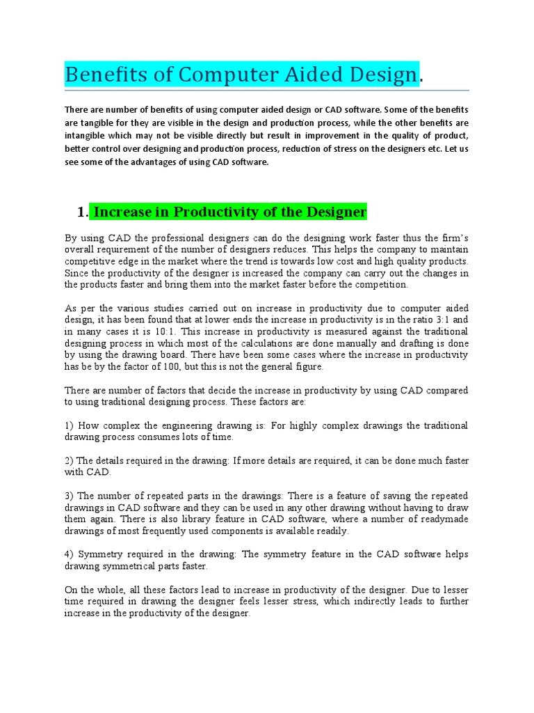 Benefits of Computer Aided Design.: 1. Increase in Productivity of The ...