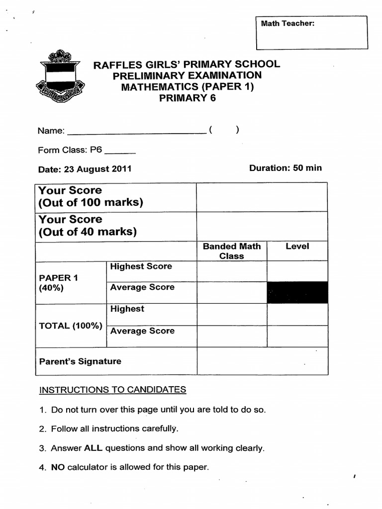 (Out of 100 Marks) (Out of 40 Marks) : Mathematics (Paper 1) | PDF ...