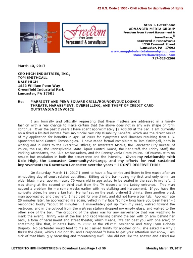 Letter To High Industries Re MARRIOTT HOTEL BAR - Threats, Harassment ...