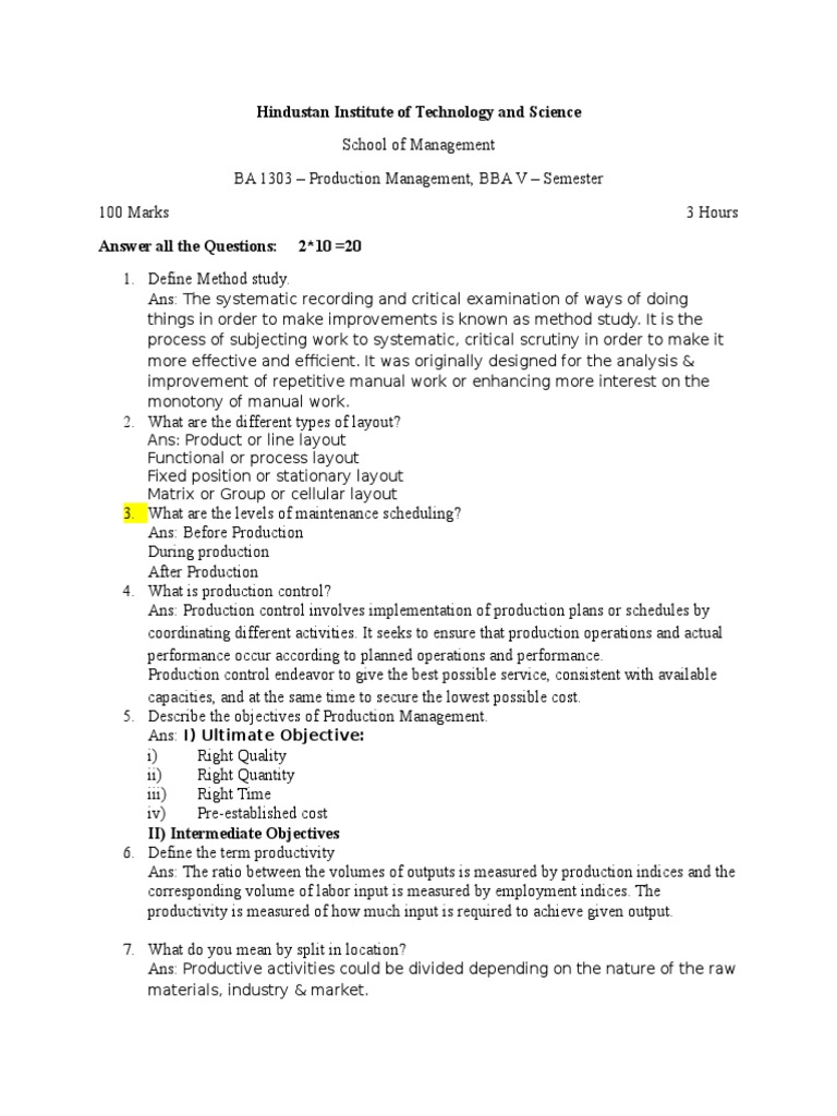 Production Management - BBA Notes | PDF | Quality (Business) | Factors ...