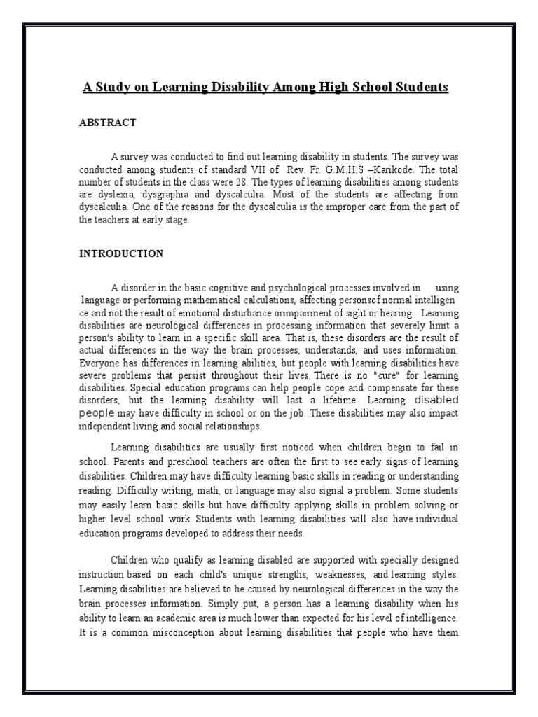 A Study On Learning Disability Among High School Students | PDF ...