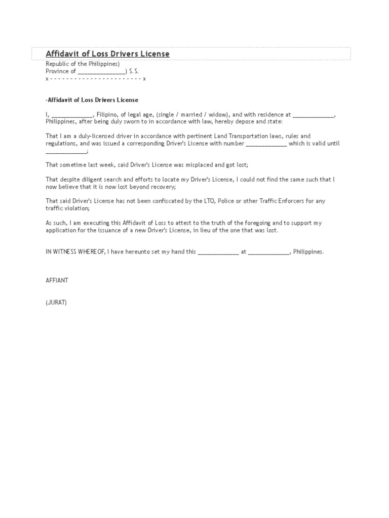 Affidavit of Loss for Driver's License | PDF | Finance & Money ...