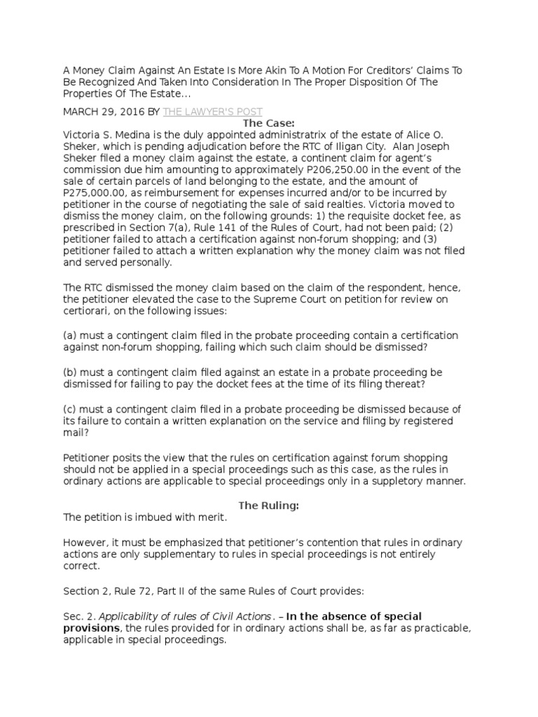 A Money Claim Against An Estate Is More Akin To A Motion For Creditors ...