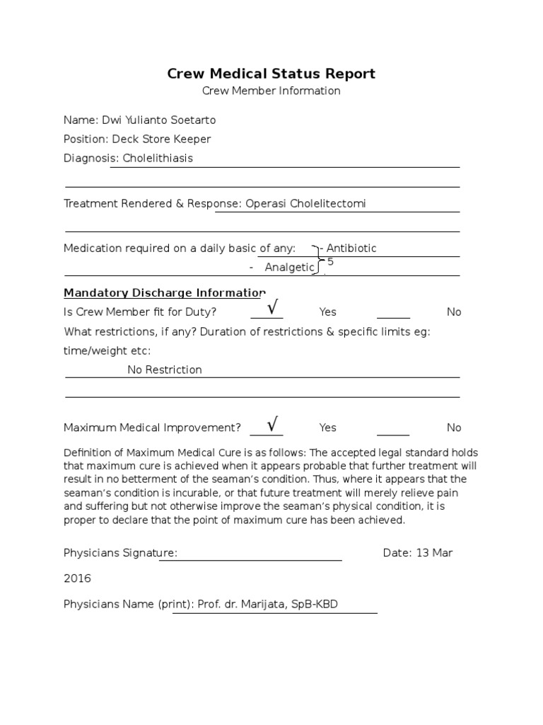 Crew Medical Status Report - Dwi Yulianto | PDF