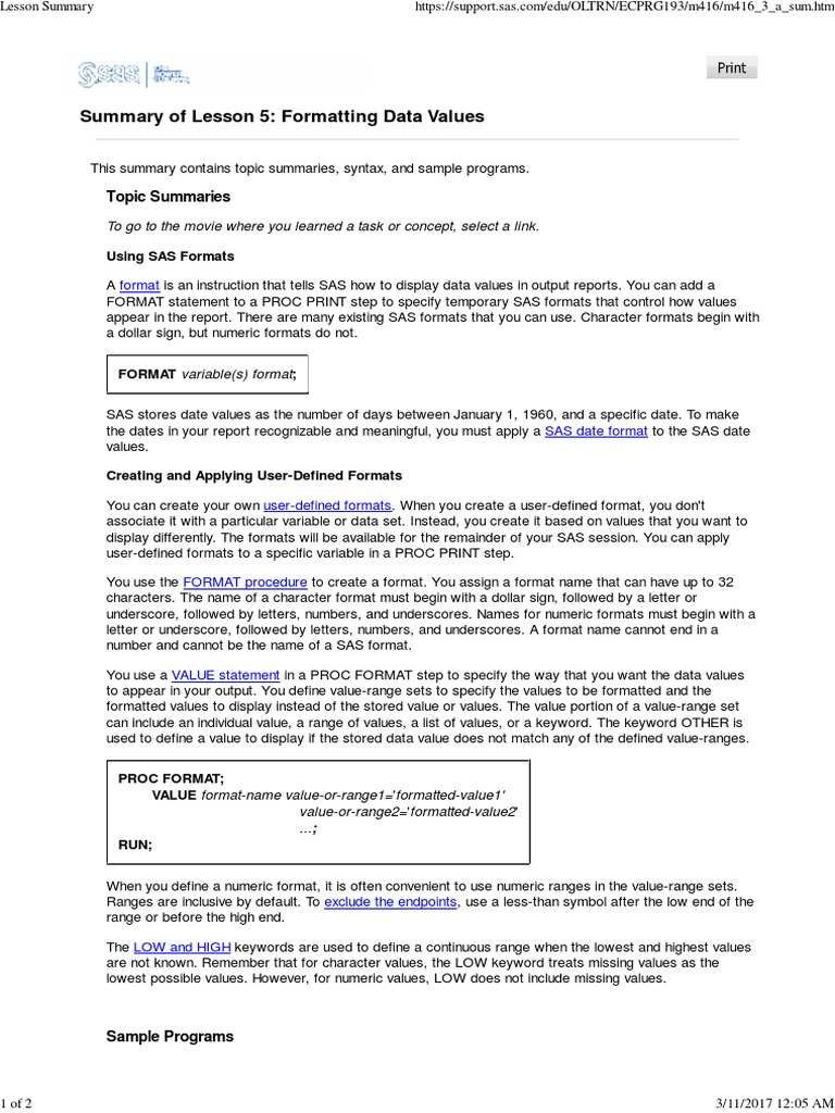 Summary of Lesson 5: Formatting Data Values: Topic Summaries | PDF | Sas (Software) | Computer ...