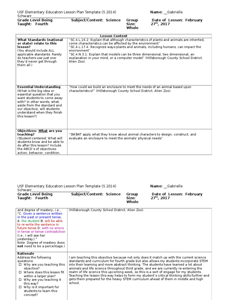 USF Elementary Education Lesson Plan Template (S 2014) Schwarz | PDF ...