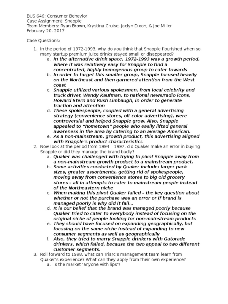 Snapple Case Study: Consumer Behavior Analysis | PDF | Brand | Advertising