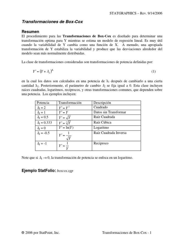 Transformaciones de Box-Cox PDF | PDF | Estadísticas | Análisis de ...