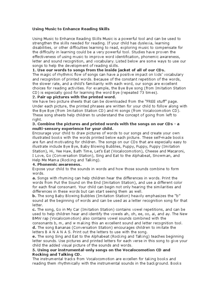 Enhance Reading Skills with Music | PDF | Reading (Process) | Vocabulary