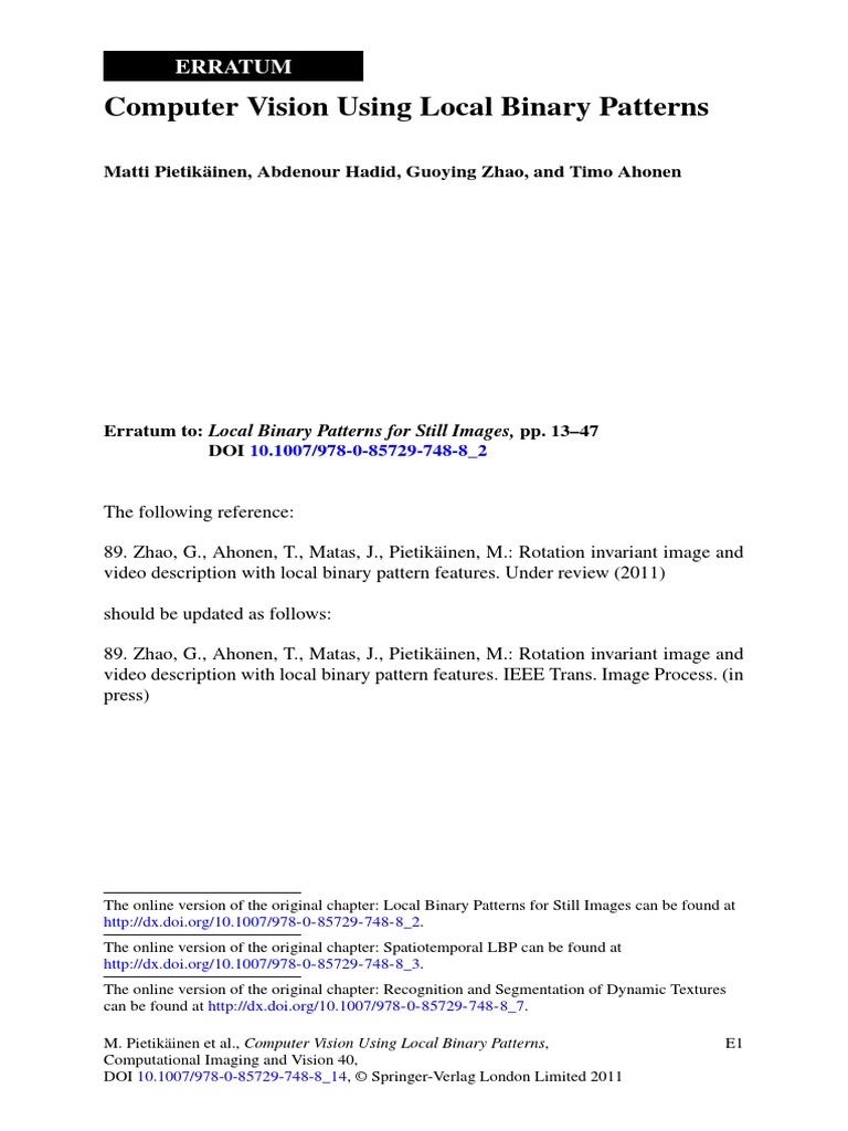 Computer Vision Using Local Binary Patterns: Erratum | PDF