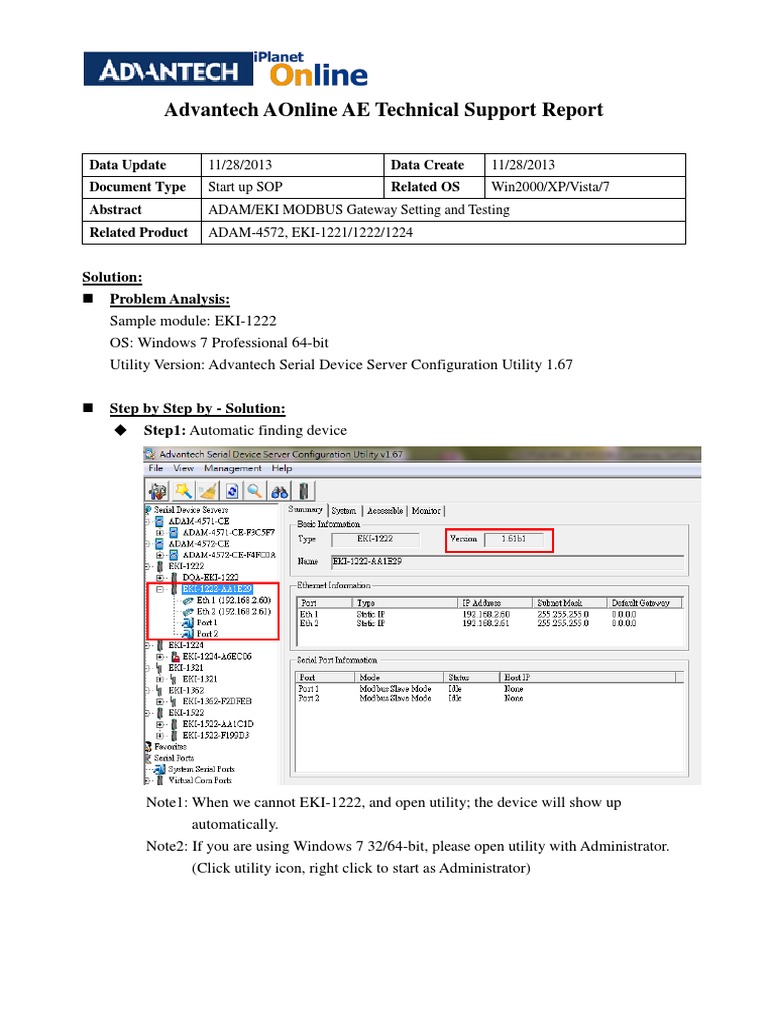 (SOP) ADAM - EKI MODBUS Gateway Setting and Testing | PDF | Gateway ...