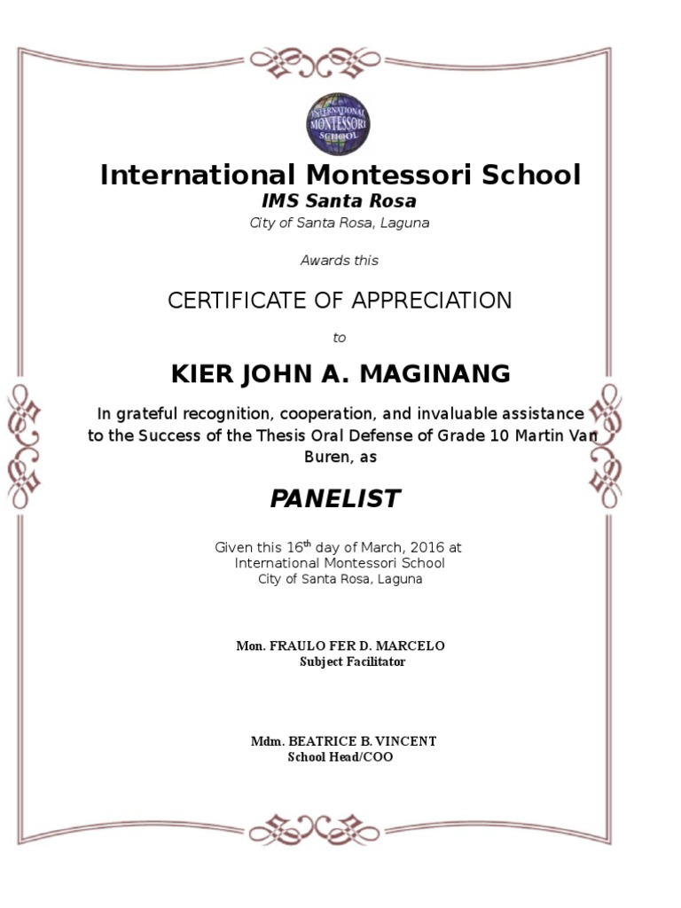 Certificate of Appreciation for Panelist | PDF