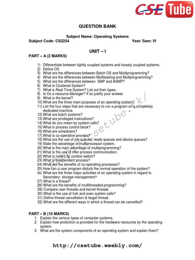 Question Bank: Subject Name: Operating Systems Subject Code: CS2254 Year/ Sem: IV | PDF ...