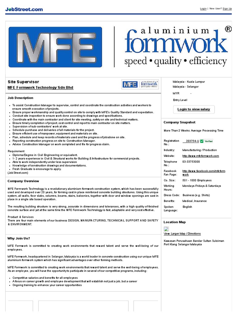 Site Supervisor - MFE Formwork Technology SDN BHD | PDF | Construction ...