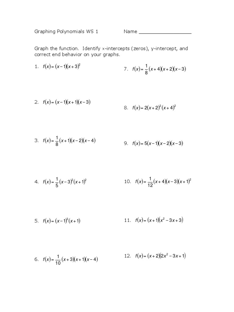 Graphing Polynomial Functions Worksheet | PDF