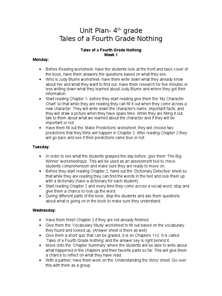 Unit Plan-4 Grade Tales of A Fourth Grade Nothing | PDF | Reading ...
