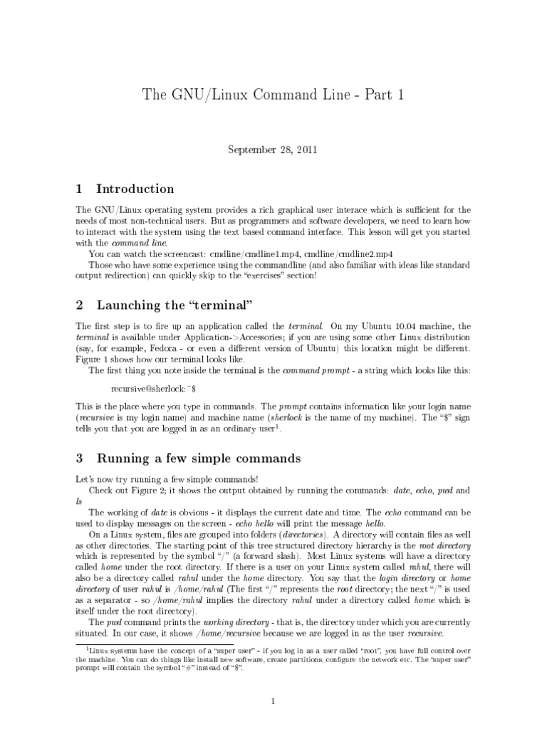 The GNU/Linux Command Line - Part 1: September 28, 2011 | PDF | Superuser | Command Line Interface