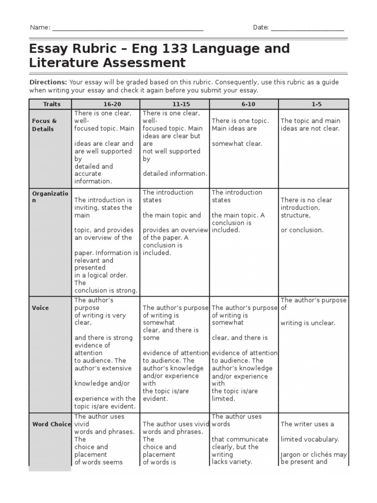 Essay Rubric - Eng 133 Language and Literature Assessment | PDF ...