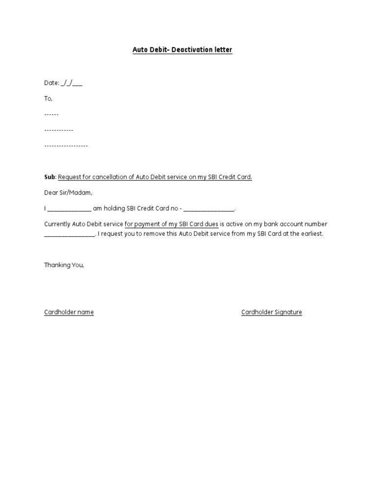 Auto Debit Deactivation Letter | PDF