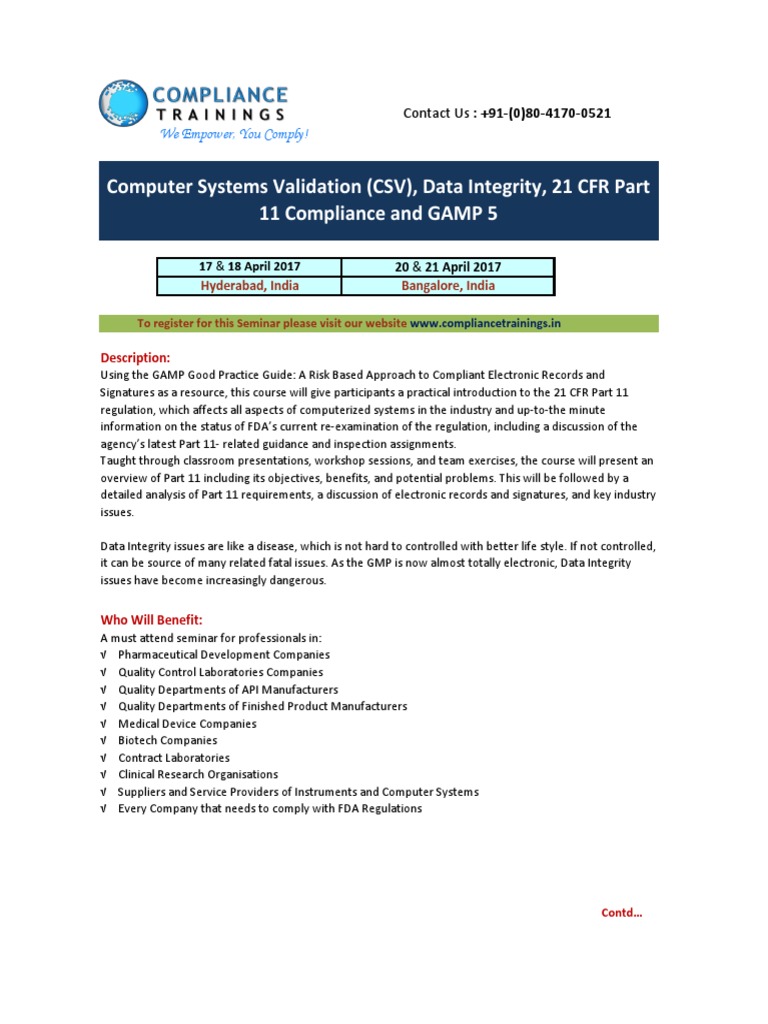 Compliance Trainings Semianr - Computer Systems Validation (CSV), Data Integrity, 21 CFR Part 11 ...