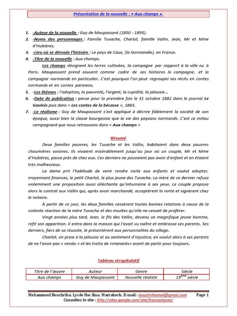 Aux Champs Presentation | Guy de Maupassant | Nouvelles