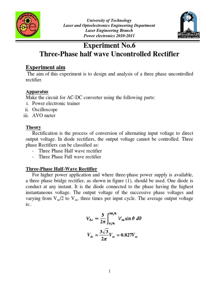 Exp. 6 Three PH HW Uncontrolled Rectifier | PDF | Rectifier | Power Electronics