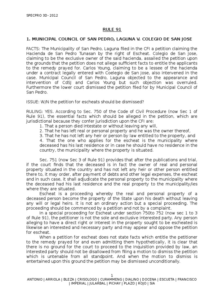 RULE 91 Digest | PDF | Intestacy | Lawsuit